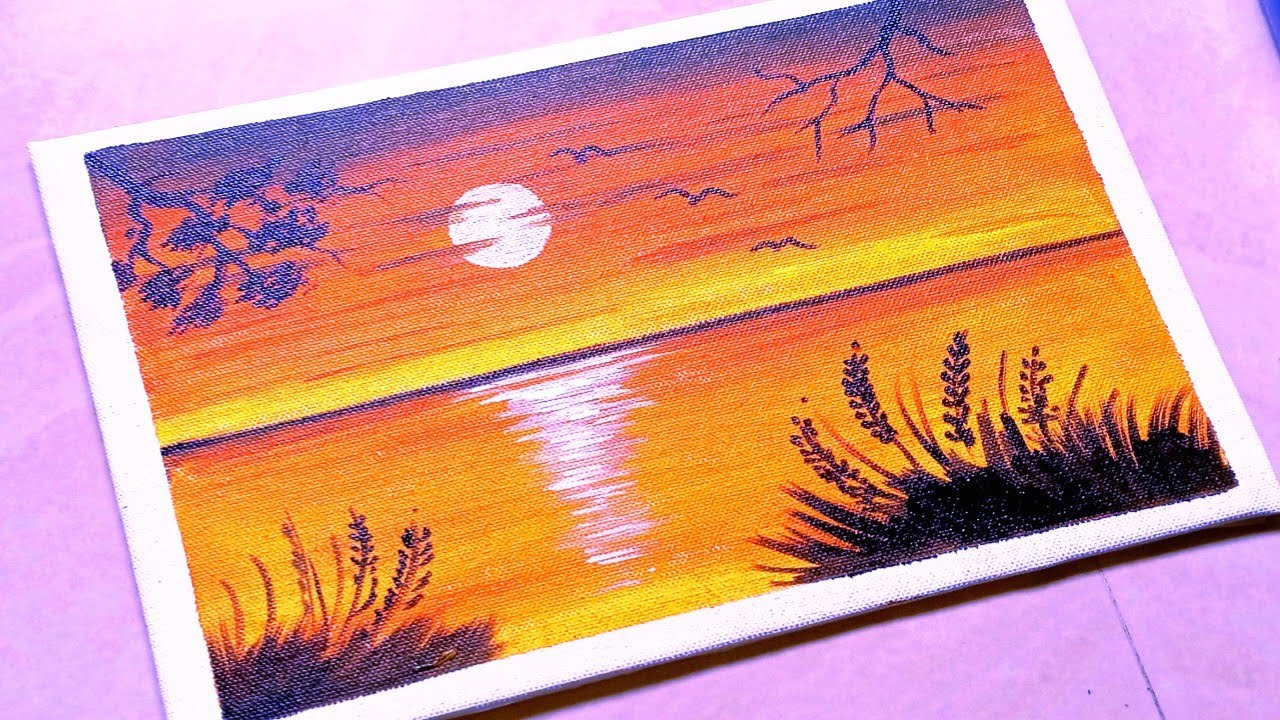 sunset drawing/sunset painting /acrylic painting for beginners - YouTube