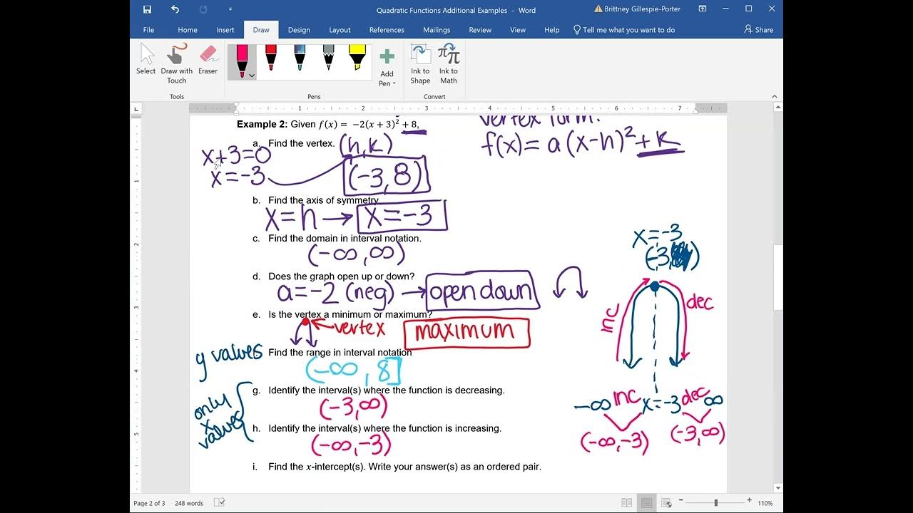 Identifying characteristics of a quadratic function in vertex form ...