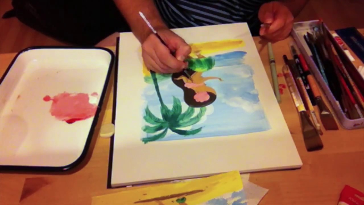 How I paint with gouache- 'Hula Girl' - YouTube
