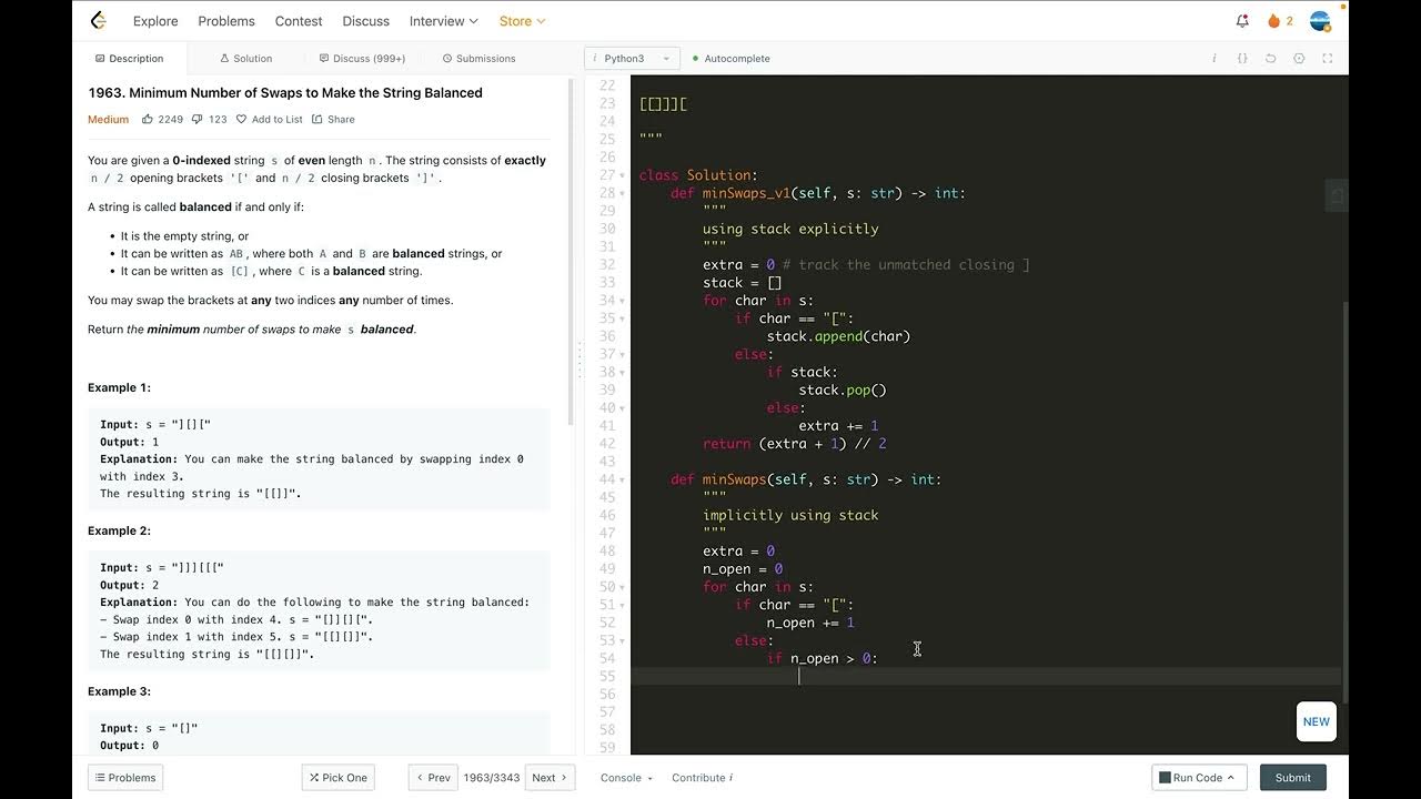 1963 Minimum Number of Swaps to Make the String Balanced | coding details comparison - YouTube