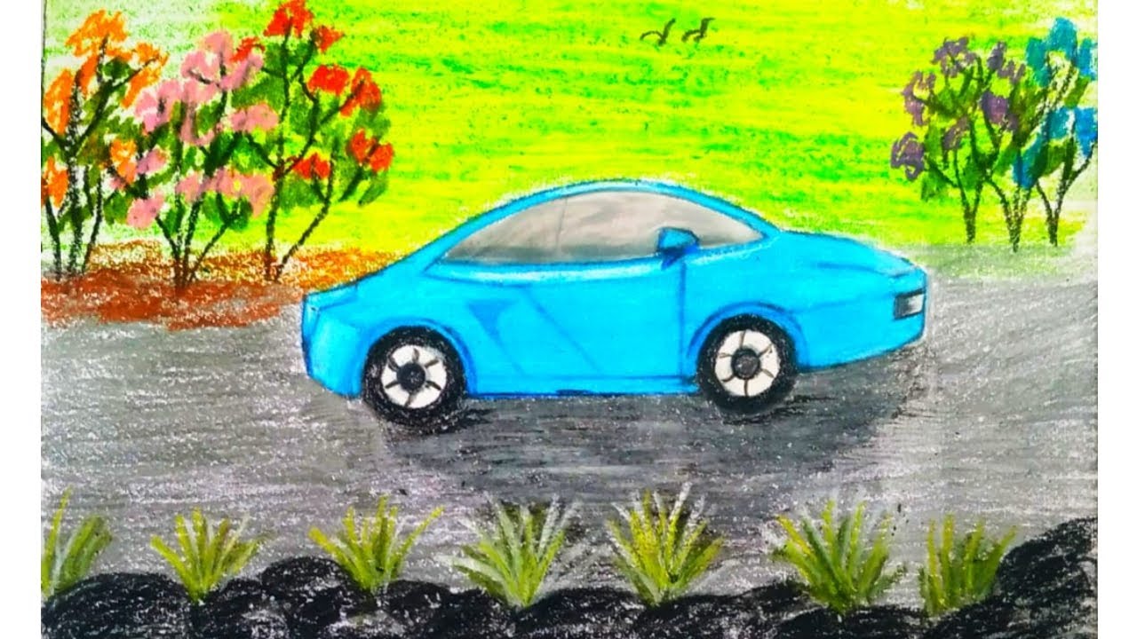 How to draw a simple car with scenery easy step by step II the easiest ...