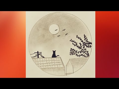 how to draw easy drawing। easy cat moonlight scenery drawing।cat scenery drawing। nature scenery