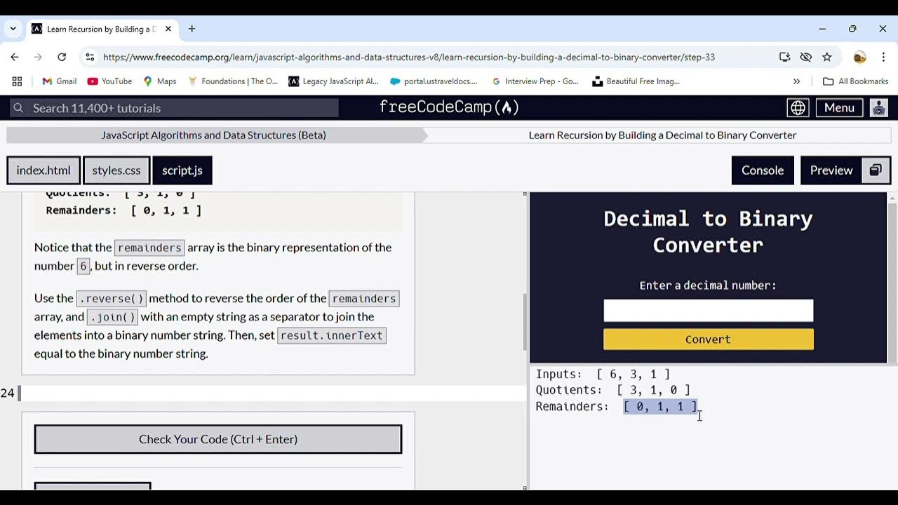 Learn Recursion by Building a Decimal to Binary Converter Step 33 freeCodeCamp.org - YouTube