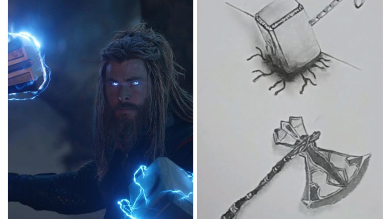 Realistic sketch of the Mjolnir and Stormbreaker of Thor🥶⚡🌪️ #art # ...