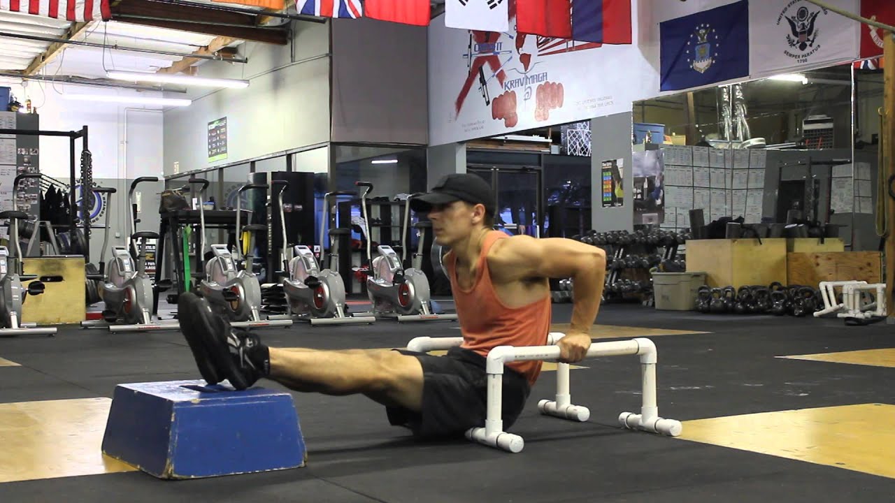 Parallete Dip - Straight leg dip with heels elevated on 6-9 - YouTube