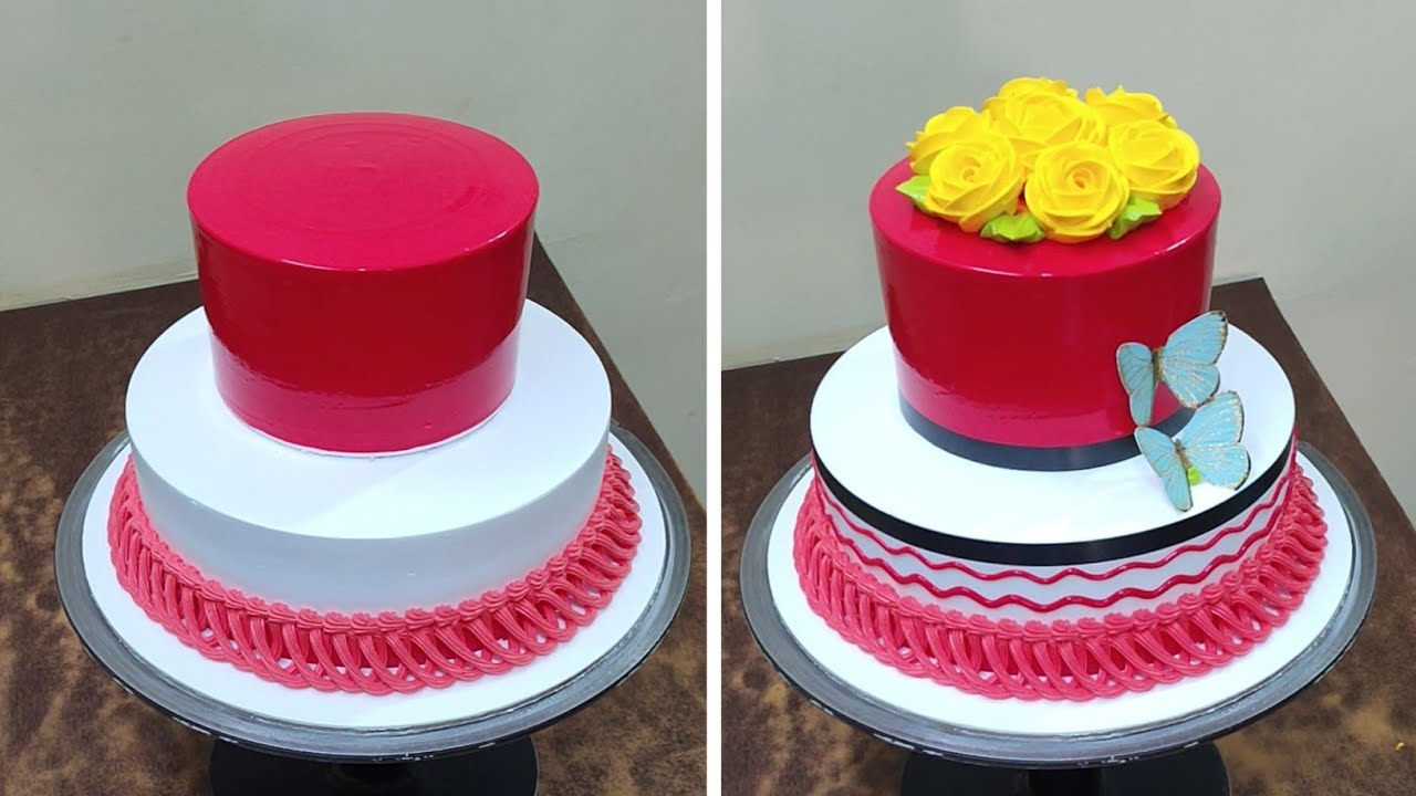 Red White Step Cake Design | Simple Flawars Step Cake Decorating ...