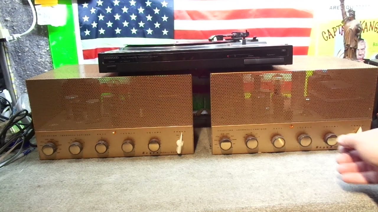 DEMO OF NICE PAIR OF GOLD VINTAGE BOGEN DB20 MONO BLOCK TUBE AMPS 6L6 ...