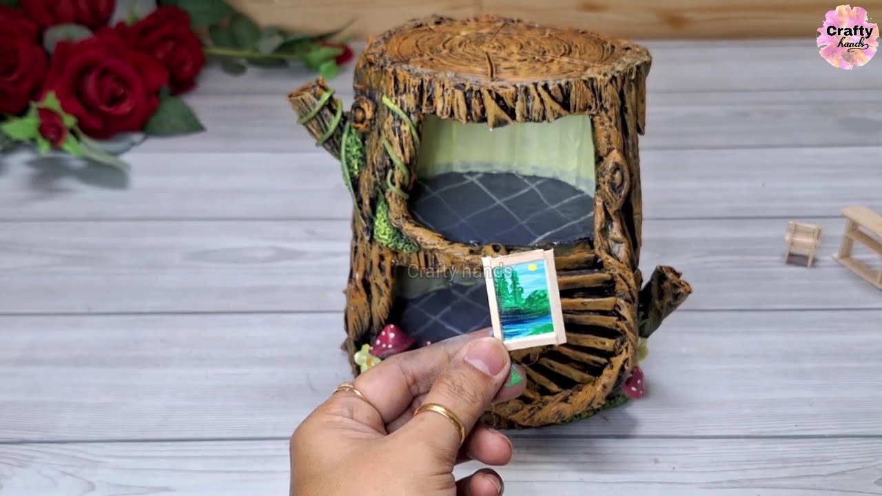 An amazing tree trunk fairy house making idea at home | craft ideas ...