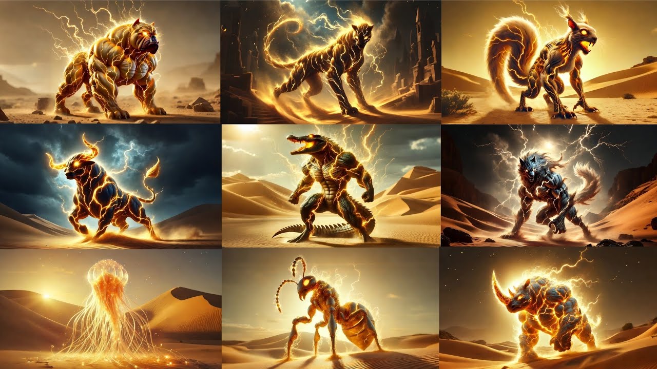 Ai hybrid animal fusion with sand + lighting cat bull lion ant gorilla ...