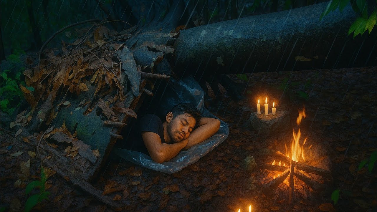 SOLO two days Camping in Heavy Rain & Thunderstorm ️ Sleep in Bark ...