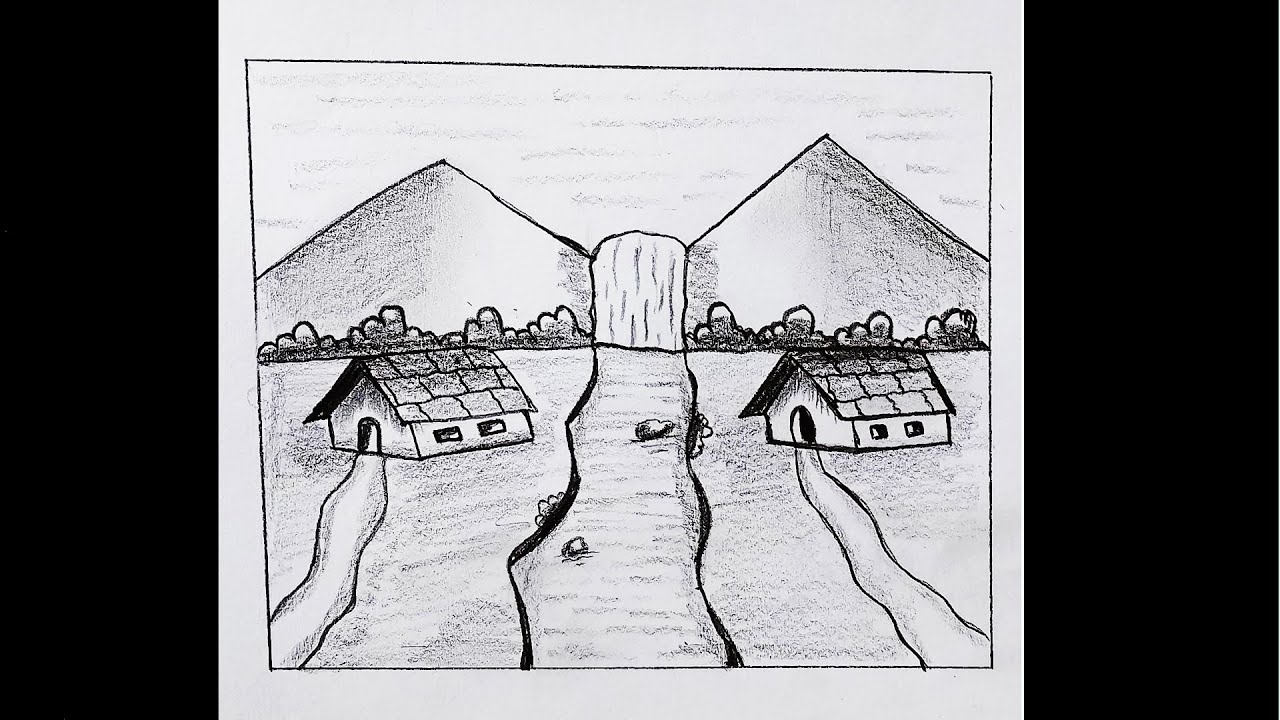 how to draw easy pencil sketch scenery,landscape pahar and river side ...