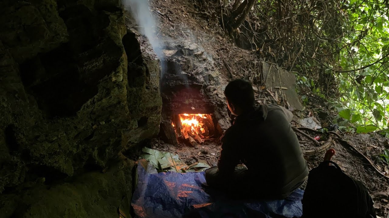 Excavate a natural shelter. Stone fireplace with chimney. Sleeping in ...