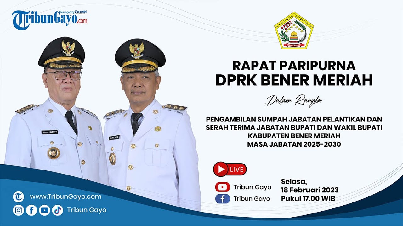 🔴 LIVE PELANTIKAN BUPATI DAN WAKIL BUPATI BENER MERIAH PERIODE 2025 ...