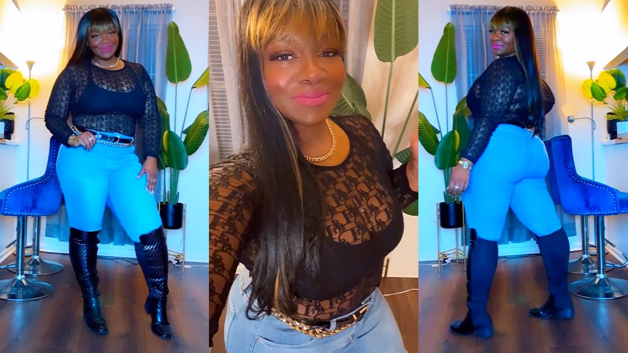 Black Lace Sheer Top Blue Jeans Black Boots TryOn #plussizefashion # ...