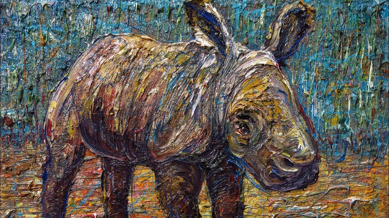Original oil painting art impressionism realism wild rhino new born ...