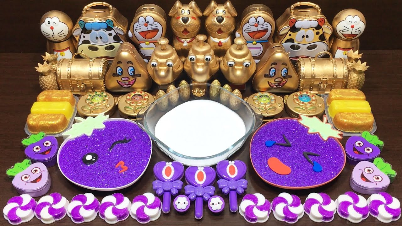 Gold Vs Purple | Mixing Makeup and Beads into Glossy Slime | Satisfying ...