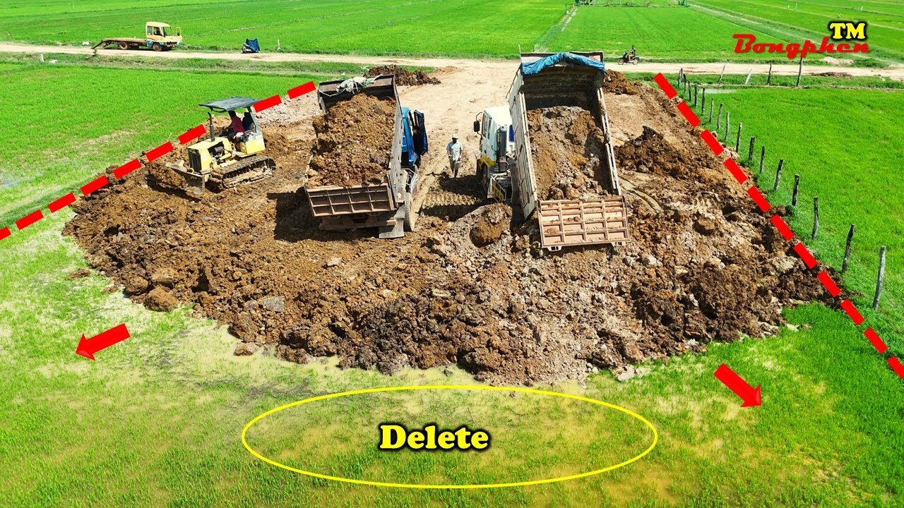 Starting New project75%! Land filling Use Dozer KOMATSU D20P With Truck 5Ton Push Dirt Fill ...