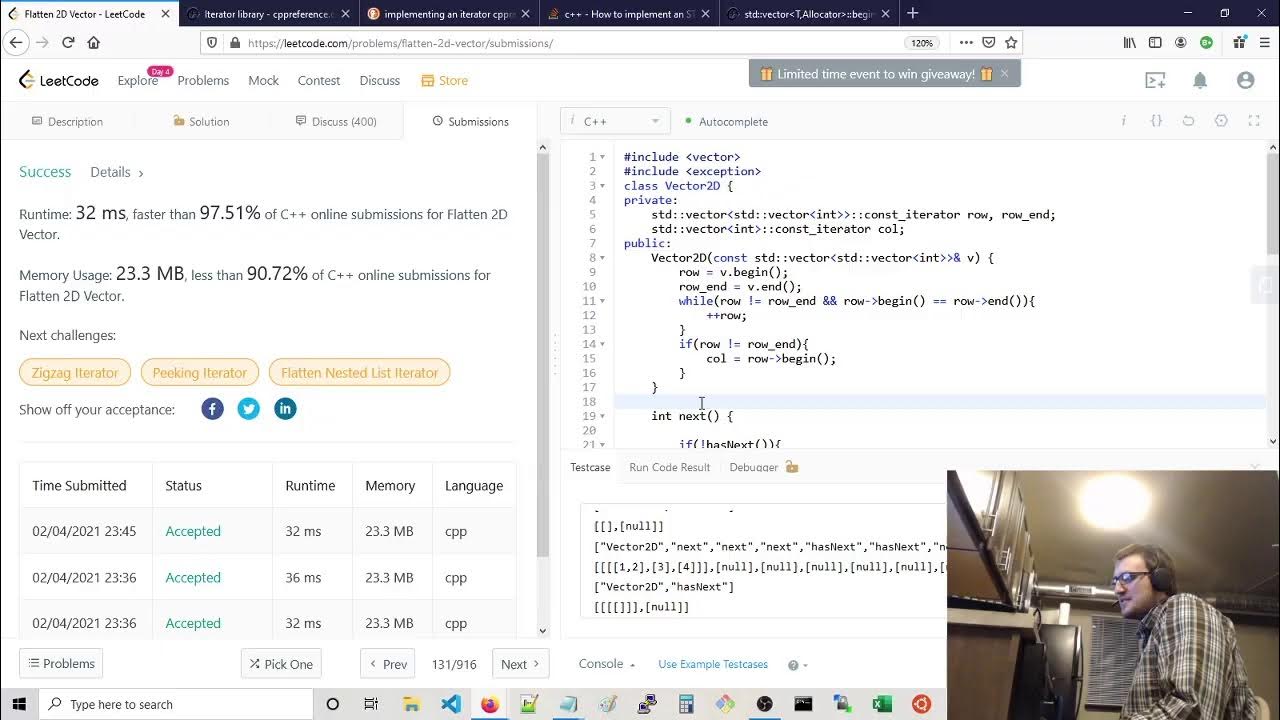 Flatten 2D Vector (Medium), C++, Leetcode - YouTube