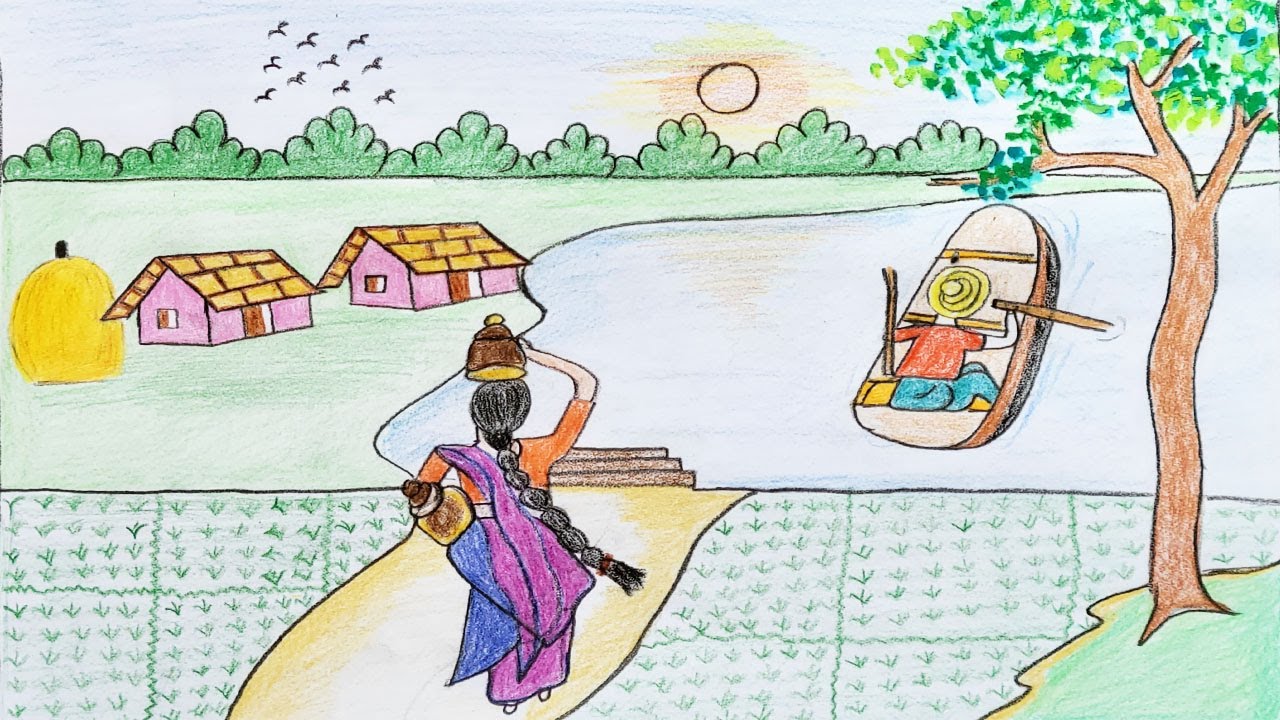 🏠 Easy Village Scenery Drawing Step-by-Step | Beginners Friendly ...