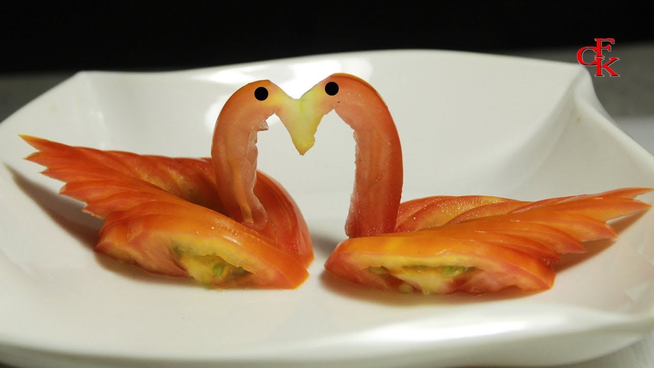 How to make tomato twin swans crossing garnish | By Chansok Fruit Art ...