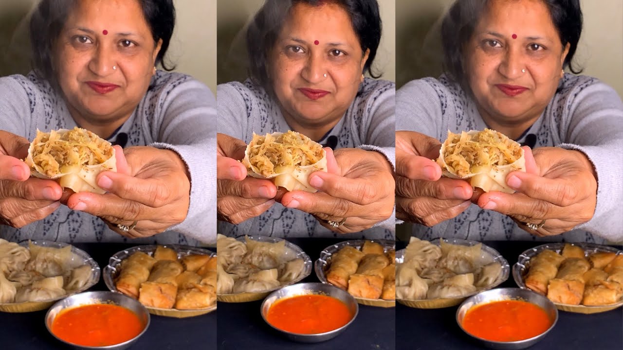 Eating steam veg momos and spring rolls challenge🔥🔥 - YouTube
