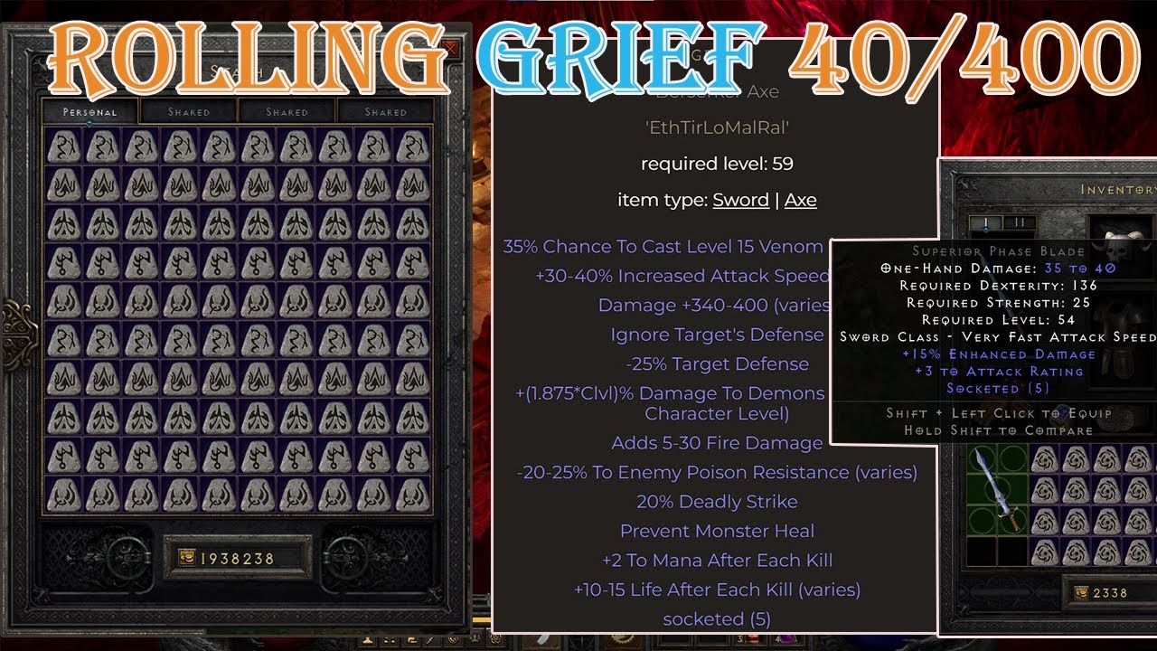 Diablo II Resurrected - How Hard is Rolling Grief Runeword Perfect(40/ ...