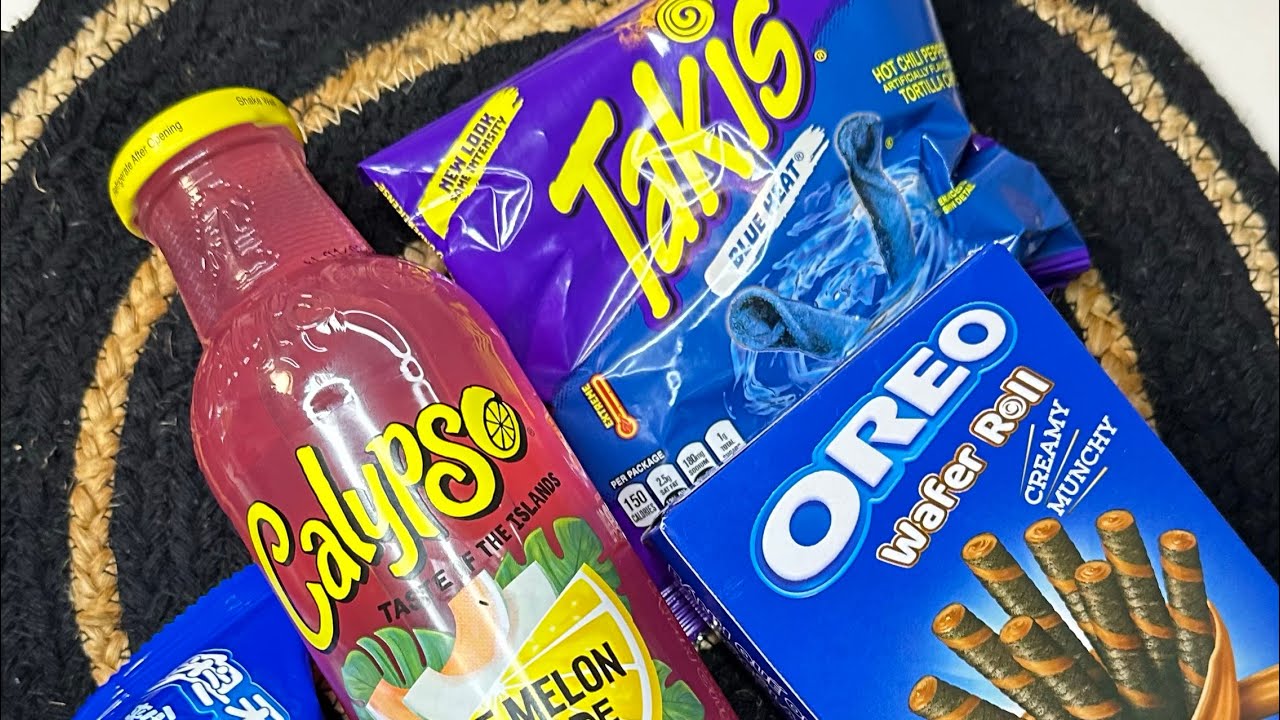 We are trying Takis blue heat, oreo wafer roll and calypso! - YouTube