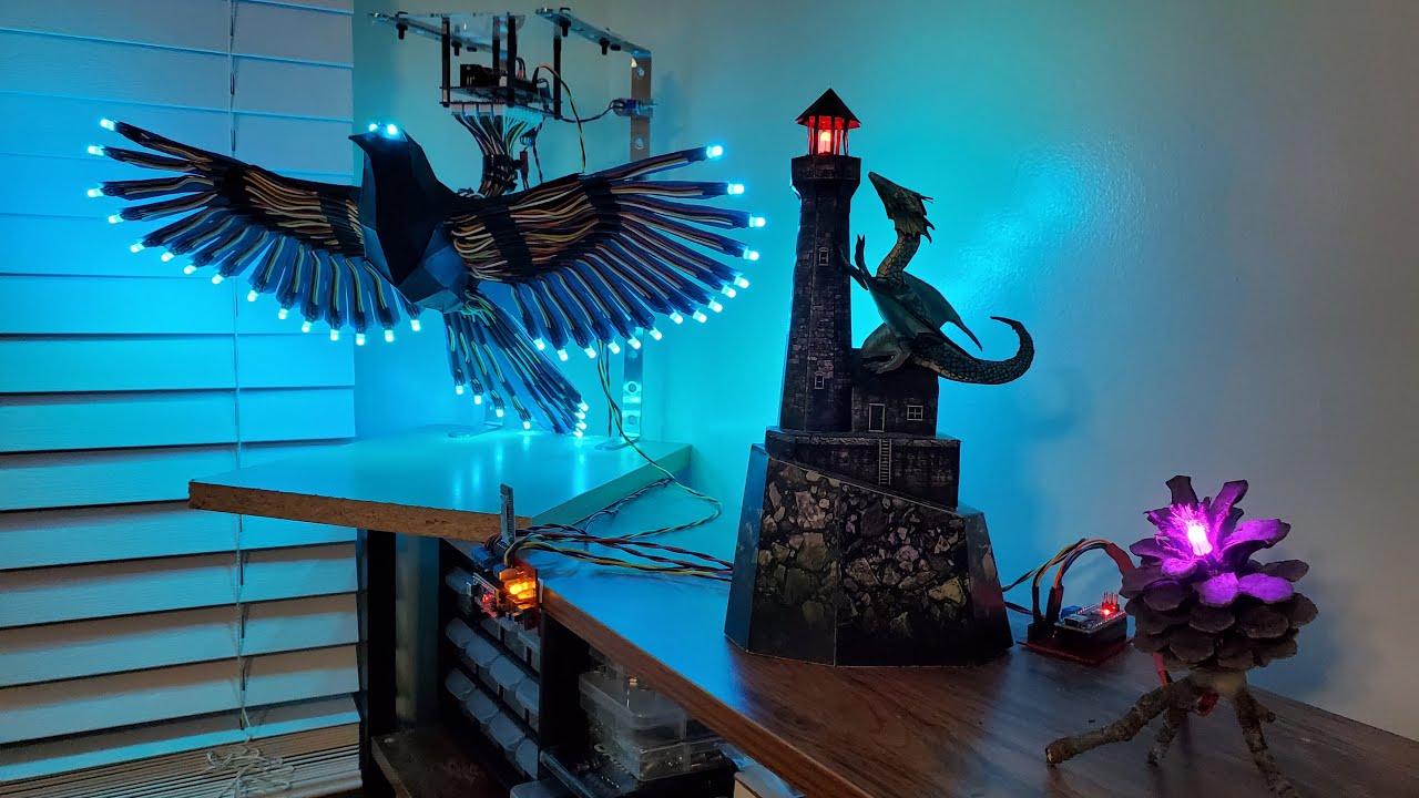 RGB led bird lighthouse and pinecone - YouTube