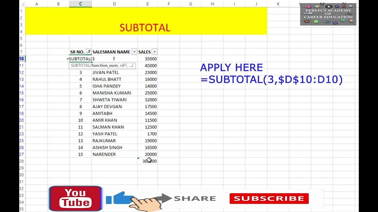 SUBTOTAL IN EXCEL - YouTube