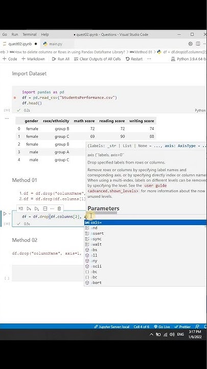 How to delete columns or rows using pandas dataframe library? #shorts ...