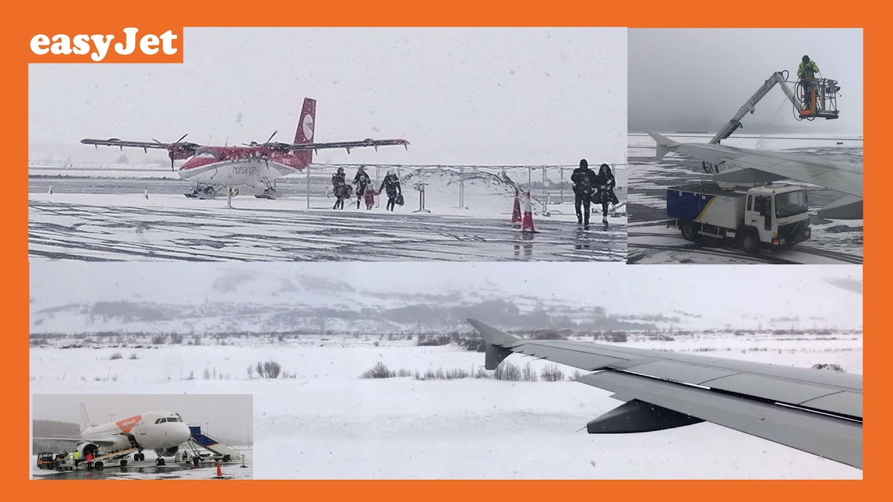 Snowy takeoff from Akureyri, Iceland. Easyjet Airbus A320 G-EJCC ...