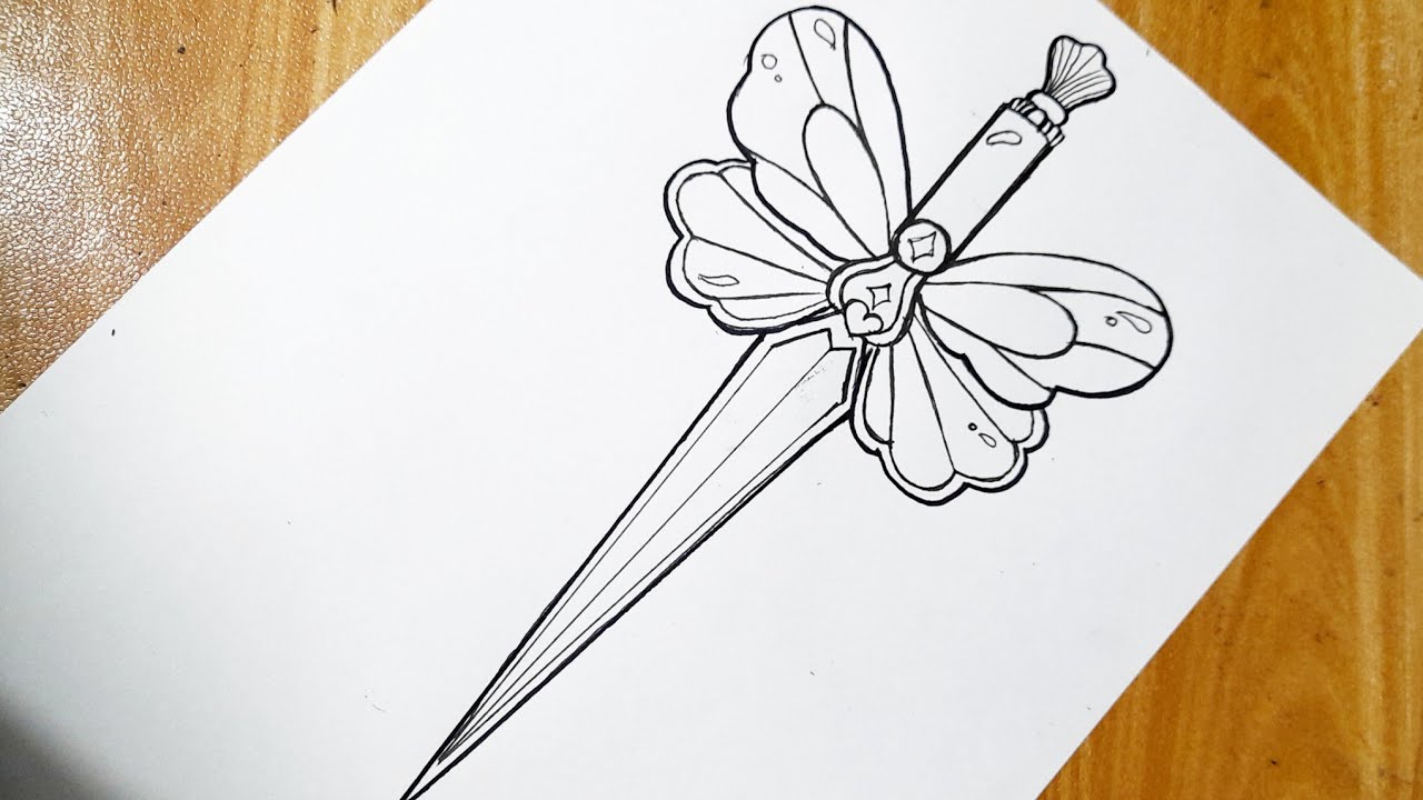 How to draw a sword with butterfly wings || Sword tattoo drawing - YouTube