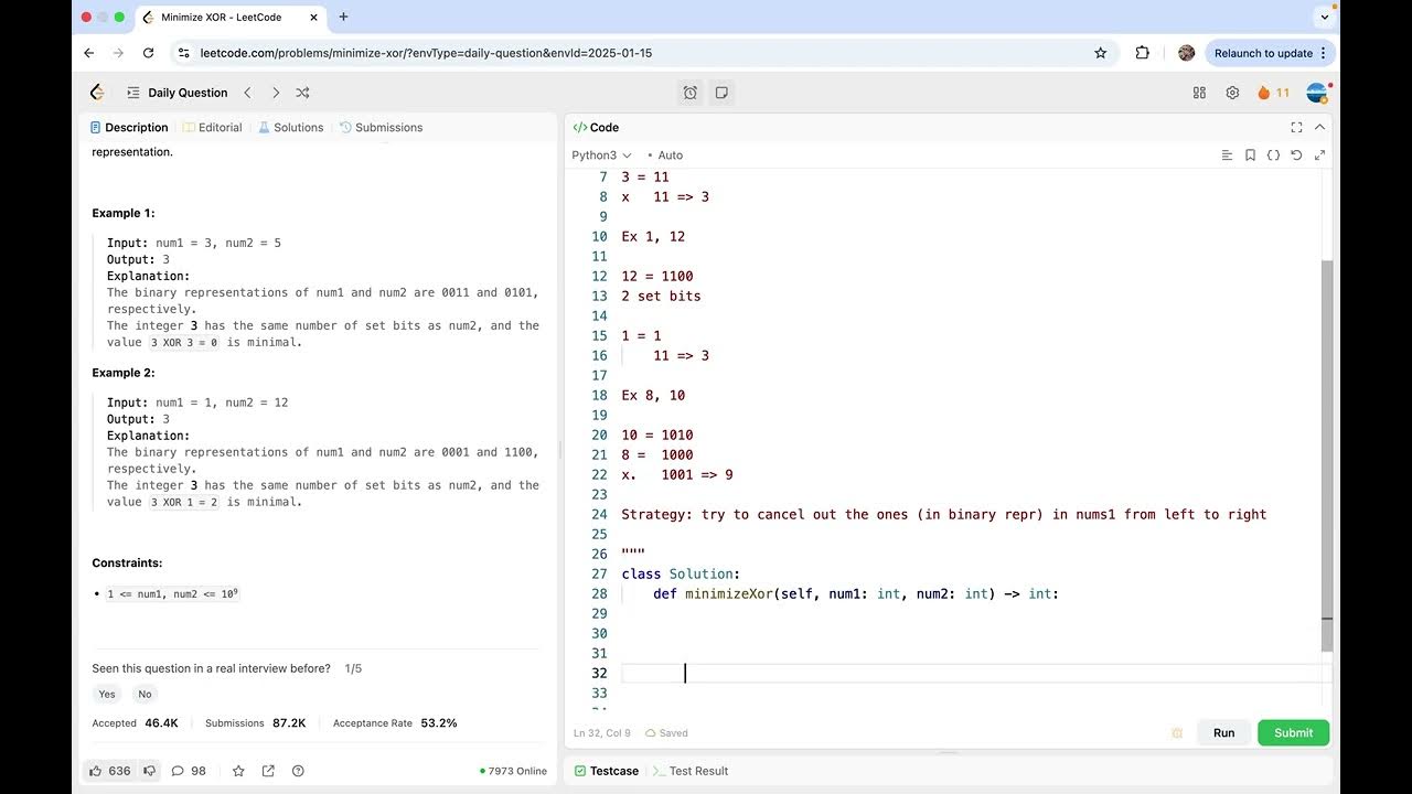 leetcode 2429 Minimize XOR | greedy - YouTube