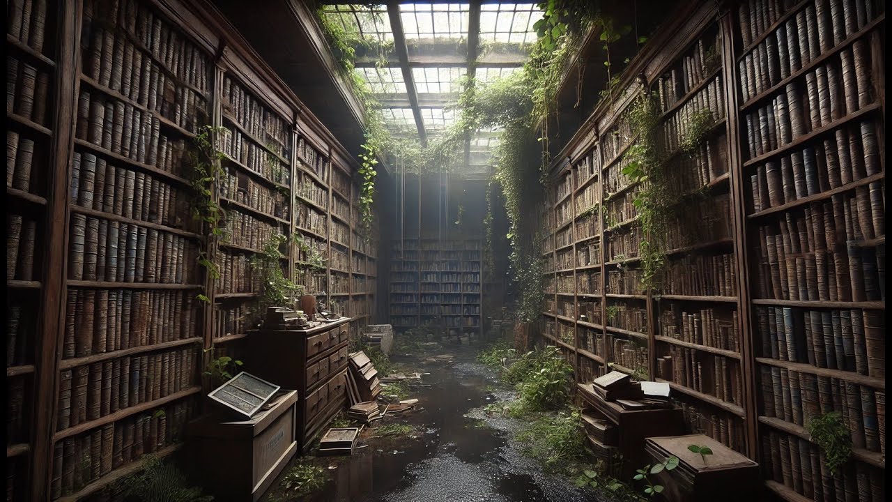 Ruined library eroded by nature with rain sounds - YouTube