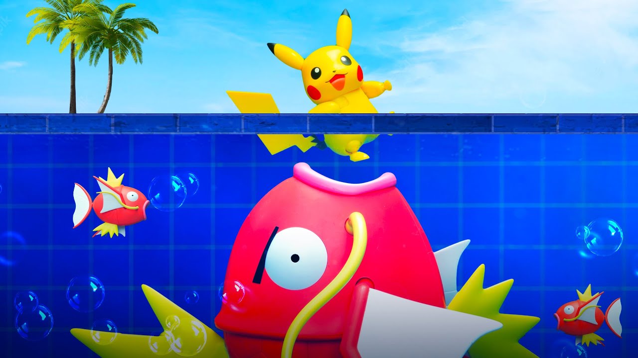 Pokemon Stop Motion Pikachu vs Magikarp in Swimming Pool - YouTube