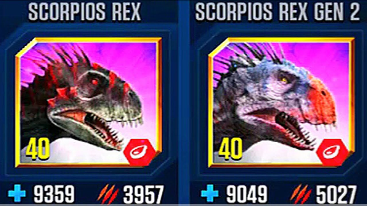 SCORPIOS REX VS SCORPIOS REX GEN 2 | JURASSIC WORLD THE GAME - YouTube