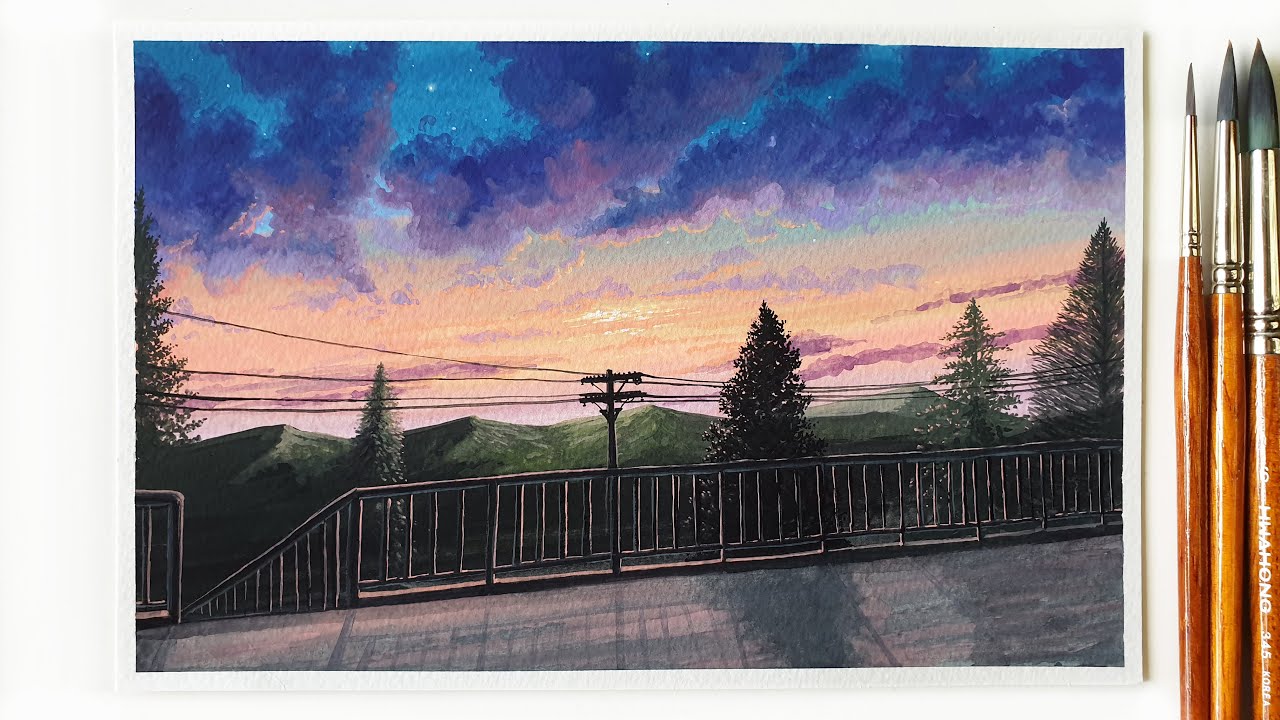 Sunset Landscape Painting ｜ Poster Color Painting - YouTube