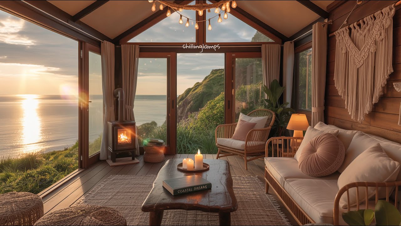 🌅 COZY SUNSET IN A CLIFF CABIN ABOVE THE OCEAN | Crackling fire, sound ...