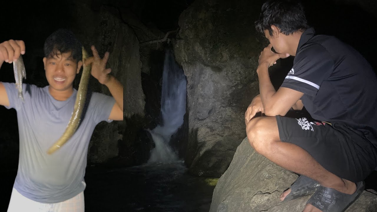 Night spearfishing in fresh water katla and bam fish . # ...