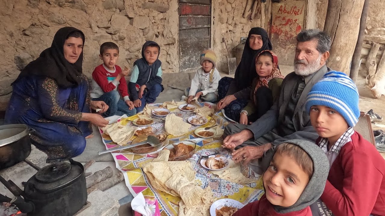 Together with grandparents with delicious food (boiled stuffed chicken ...