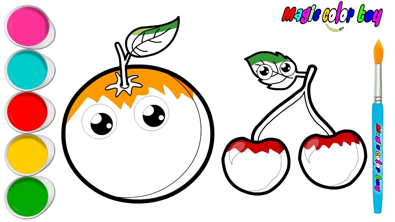 Menggambar, Mewarnai Buah Jeruk dan Ceri untuk Anak, Balita Belajar ...