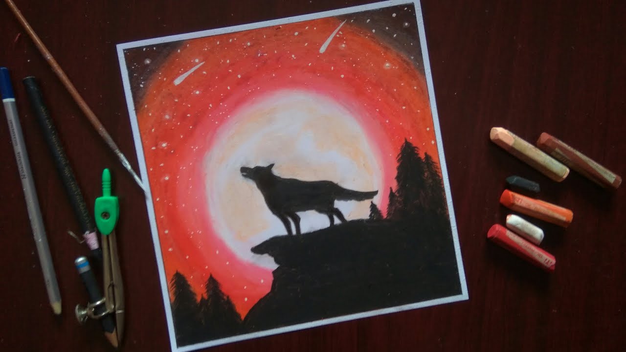 Moonlight wolf scenery drawing 💜 / step by step / oil pastel drawing ...