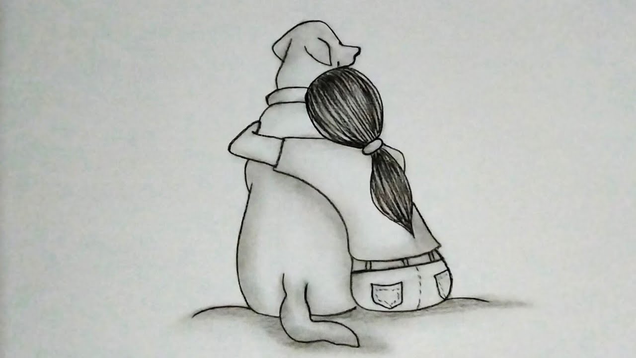 Drawing of a Girl Hugging a Dog , How to Draw a Sitting Girl and a Dog ...