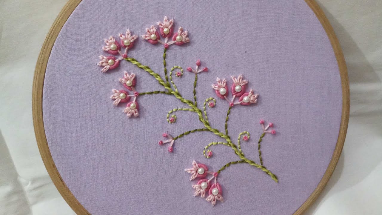 Hand embroidery of a flower twig with Double Buttonhole Stitch and ...
