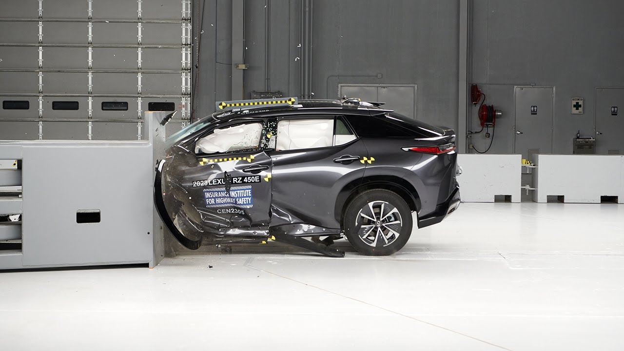 2023 Lexus RZ driver-side small overlap IIHS crash test - YouTube