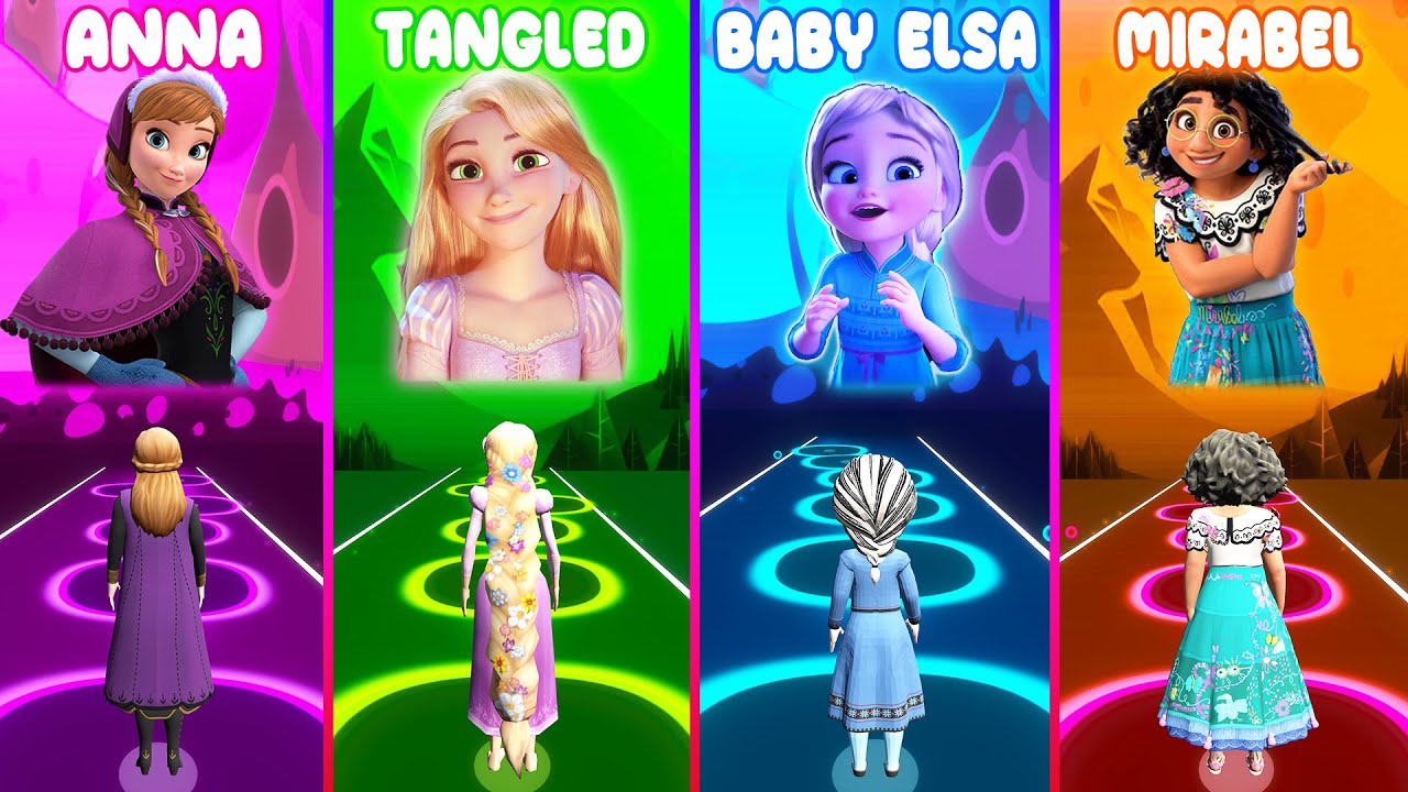 Frozen Anna Vs Rapunzel Vs Baby Elsa Vs Encanto Mirabel - Tiles Hop ...