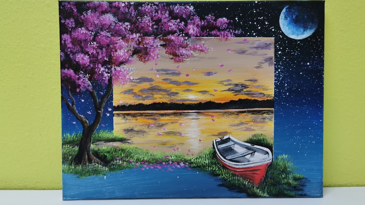 Sunset & Moonlit Night- Landscape Acrylic Painting ||Step-by-Step ...