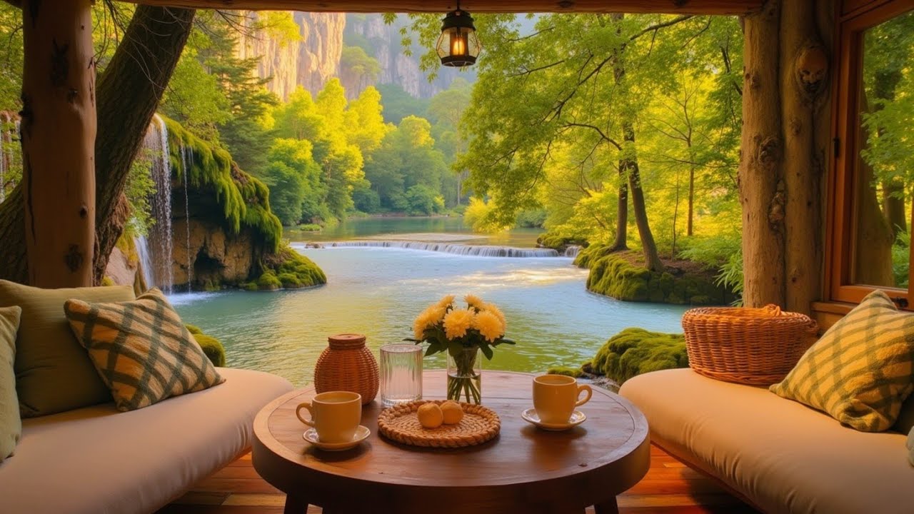 Peaceful Spring Morning Jazz Relaxing Music by the Waterfall Nature ...