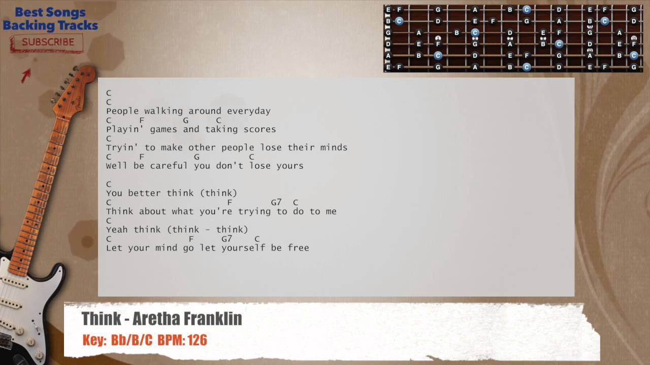 🎸 Think - Aretha Franklin Guitar Backing Track with chords and lyrics ...