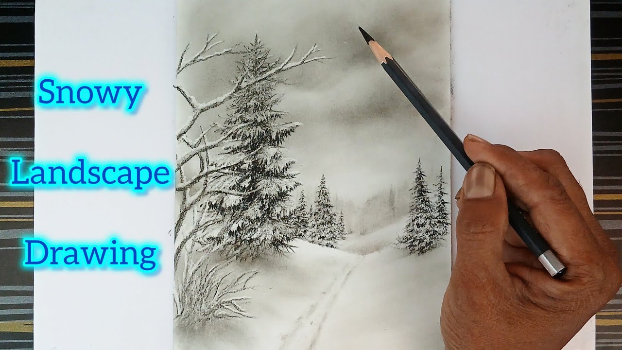 Snowy trees landscape drawing with pencil step by step /Christmas trees ...